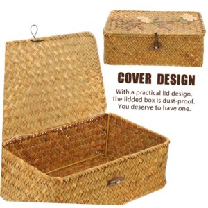 Straw Embroidery Box Rattan Storage Basket Seagrass Storage Basket Bins Wicker Storage Baskets with Lids Laundry Baskets with Lid Desktop Toy Case Container Iron With Cover