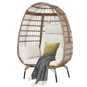 wicker patio egg chair outdoor,outdoor furniture chair,rattan papasan chair with removable cushion oversized outdoor egg chair for bedroom,backyard,living room,poolside,patio,hold up to 350 lbs,white