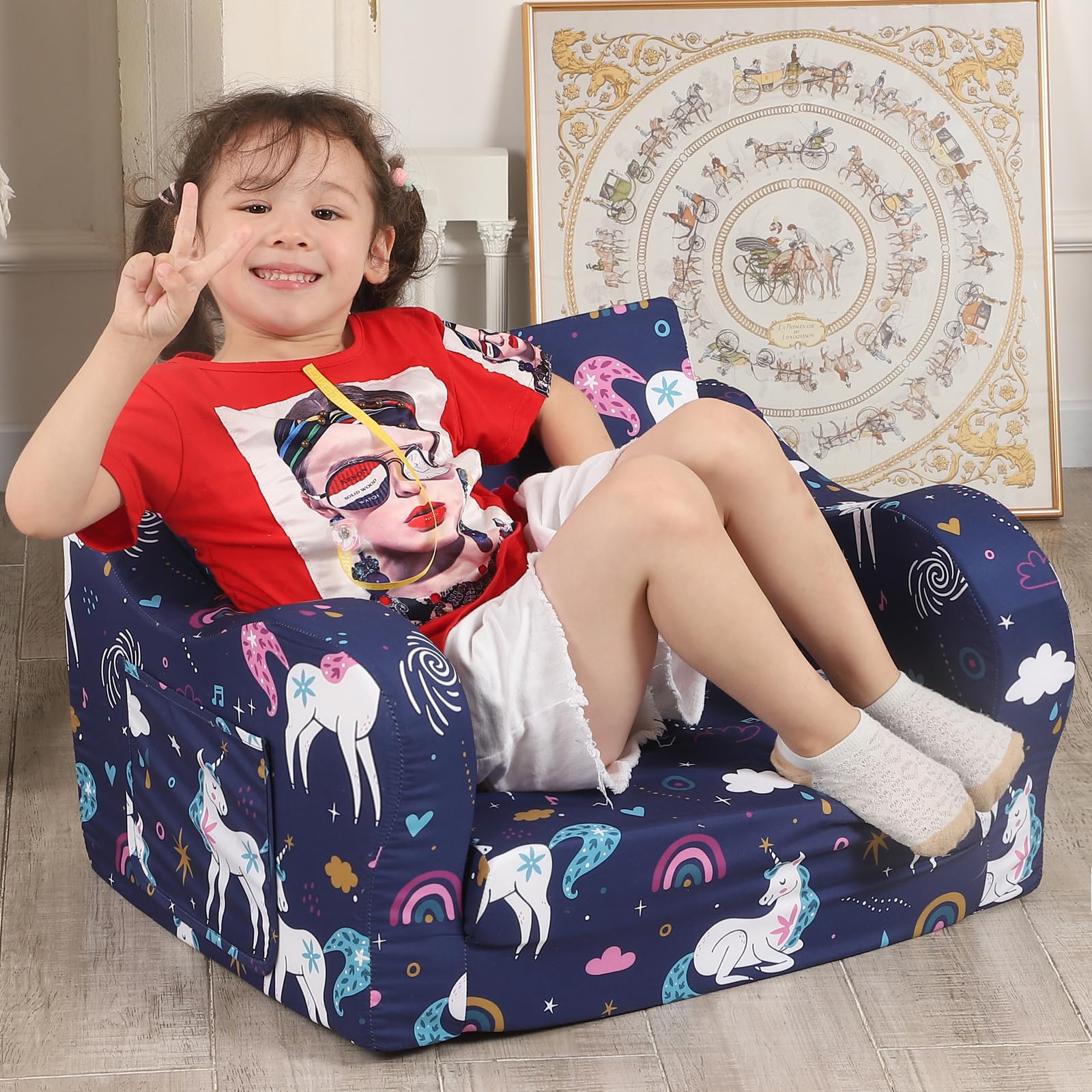 MOMCAYWEX Rainbow Unicorn Kids Sofa, 2-in-1 Kids Couch Fold Out, Convertible Sofa to Bed for Girls and Boys