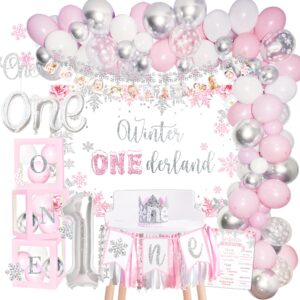 winter onederland birthday decorations, winter onederland 1st birthday decorations for girl, winter onederland first birthday decor, snowflake photo banner highchair banner balloon garland balloon box