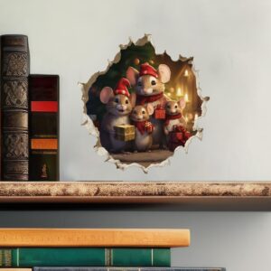 Christmas Family Mouse Hole Decal - Holidy Mice Sticker with 3D Effect