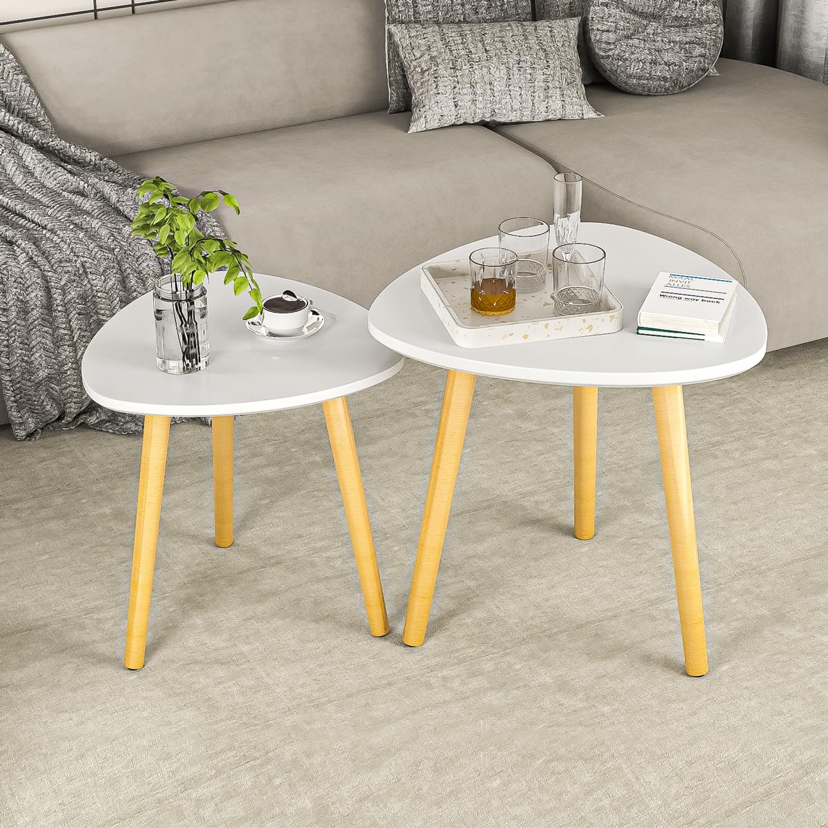 Lifetime Home Modern Semi-Nesting Table with Wooden Legs Set of 2 - Triangle Side Table for Living Room, Bedroom, Apartment & Small Spaces - Minimalist Bamboo Nested Coffee End Table - White