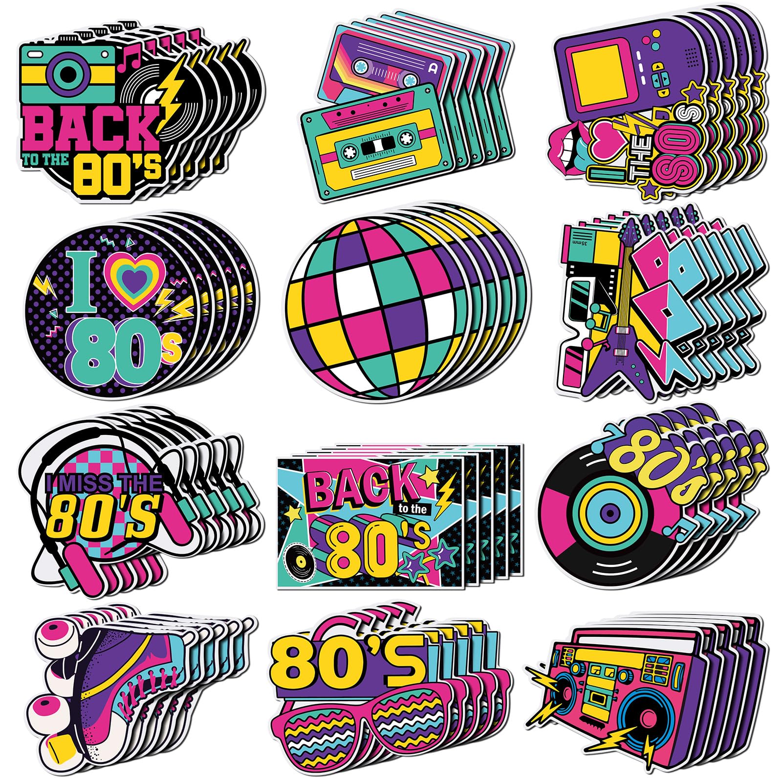 Seajan 60 Pcs Back to The 80s Party Decoration Cutouts Accents Retro 1980s Hip Hop Cutouts Radio Roller Skating Cassette Tape Cutouts Throwback Birthday Party Neon Party Rock Hippie Party Supplies