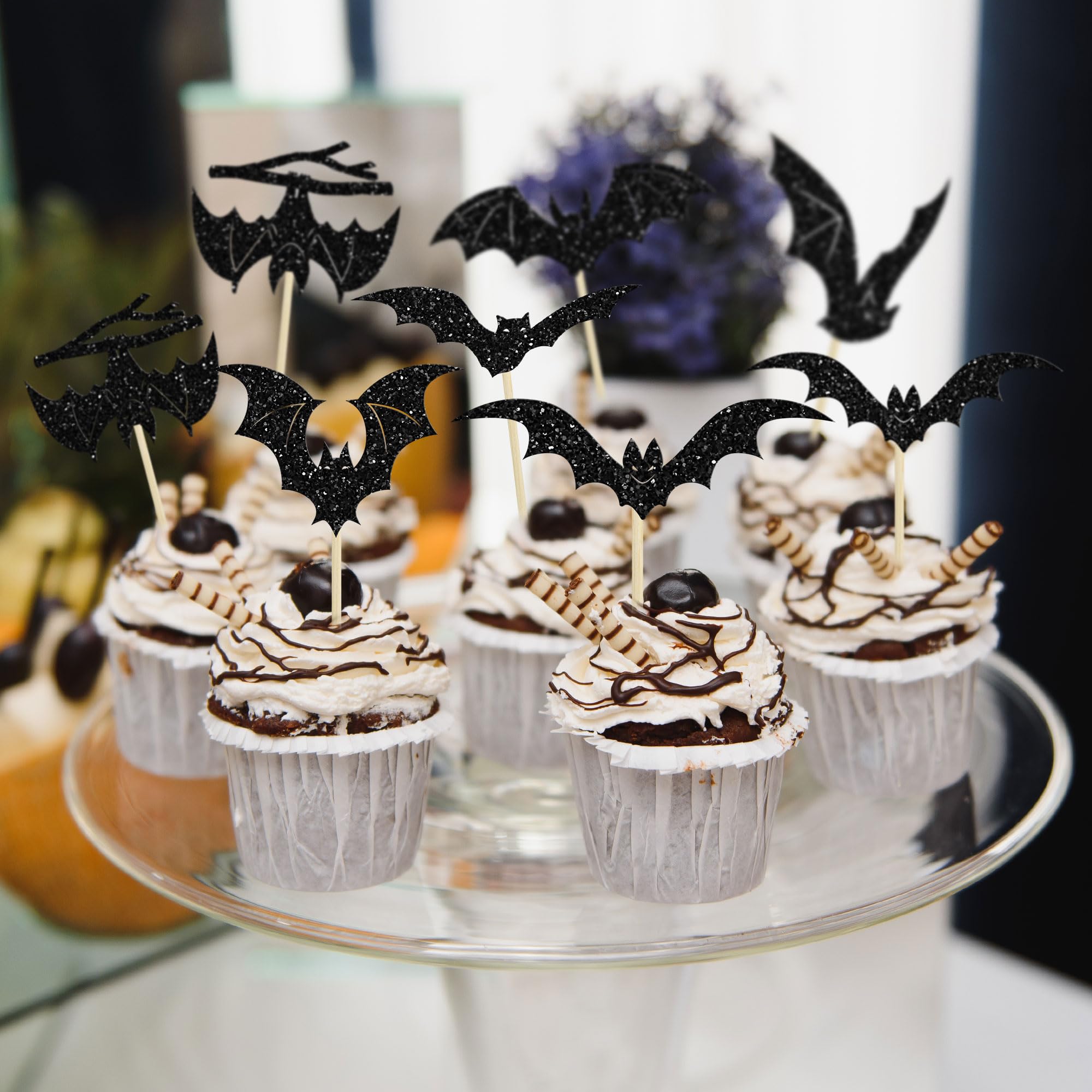 Gyufise 24Pcs Halloween Bat Cupcake Toppers Black Glitter Bat Halloween Cupcake Picks for Halloween Theme Baby Shower Kids Birthday Party Cake Decorations Supplies