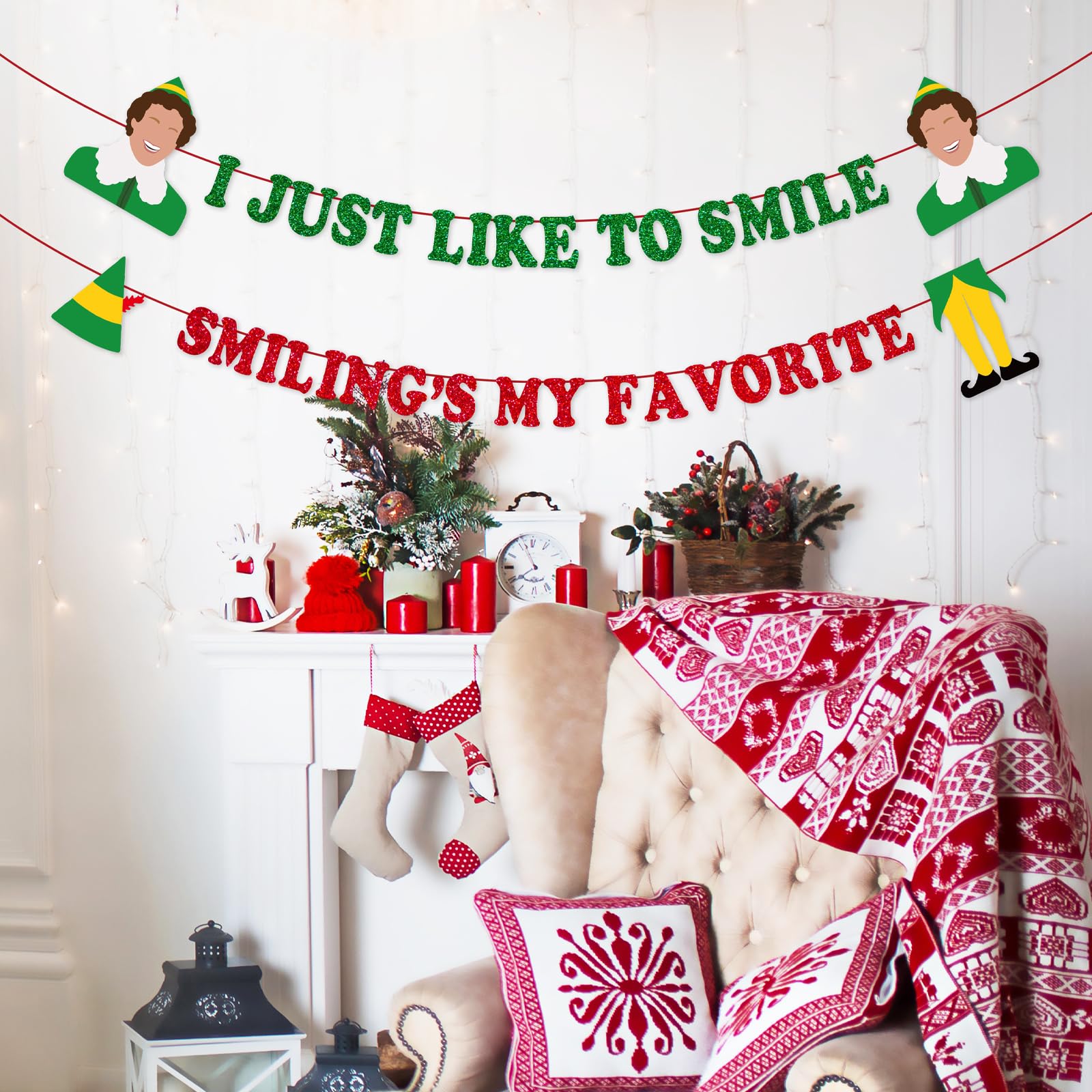 Funny Elf Christmas Decorations, Novelty Buddy The Elf Party Banner Decor Supplies, Holiday Hanging Sign for Fireplace Mantle Wall Decor, Christmas Party Photo Booth Backdrop - I Just Like to Smile