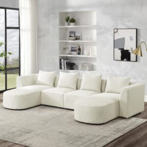 ommgg u shape sectional sofa, modular upholstered couch with two single seats and 2 chaises, diy combination, loop yarn fabric, for living room, apartments,lounges, and clubs, 117, ivory