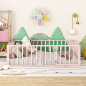 Merax Full Size Metal Floor Bed Frame with Safety Guardrails Fence and Door for Boys,Girls,Teens,Pink