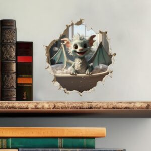 Dragon in Bathtub in Wall Hole Decal - Mouse Hole 3D Wall Sticker