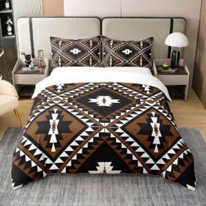 100% cotton rustic western queen bedding set for men,southwestern aztec comforter cover bohemian duvet cover ethnic mexican style geometric diamond quilt cover brown black white farmhouse room decor