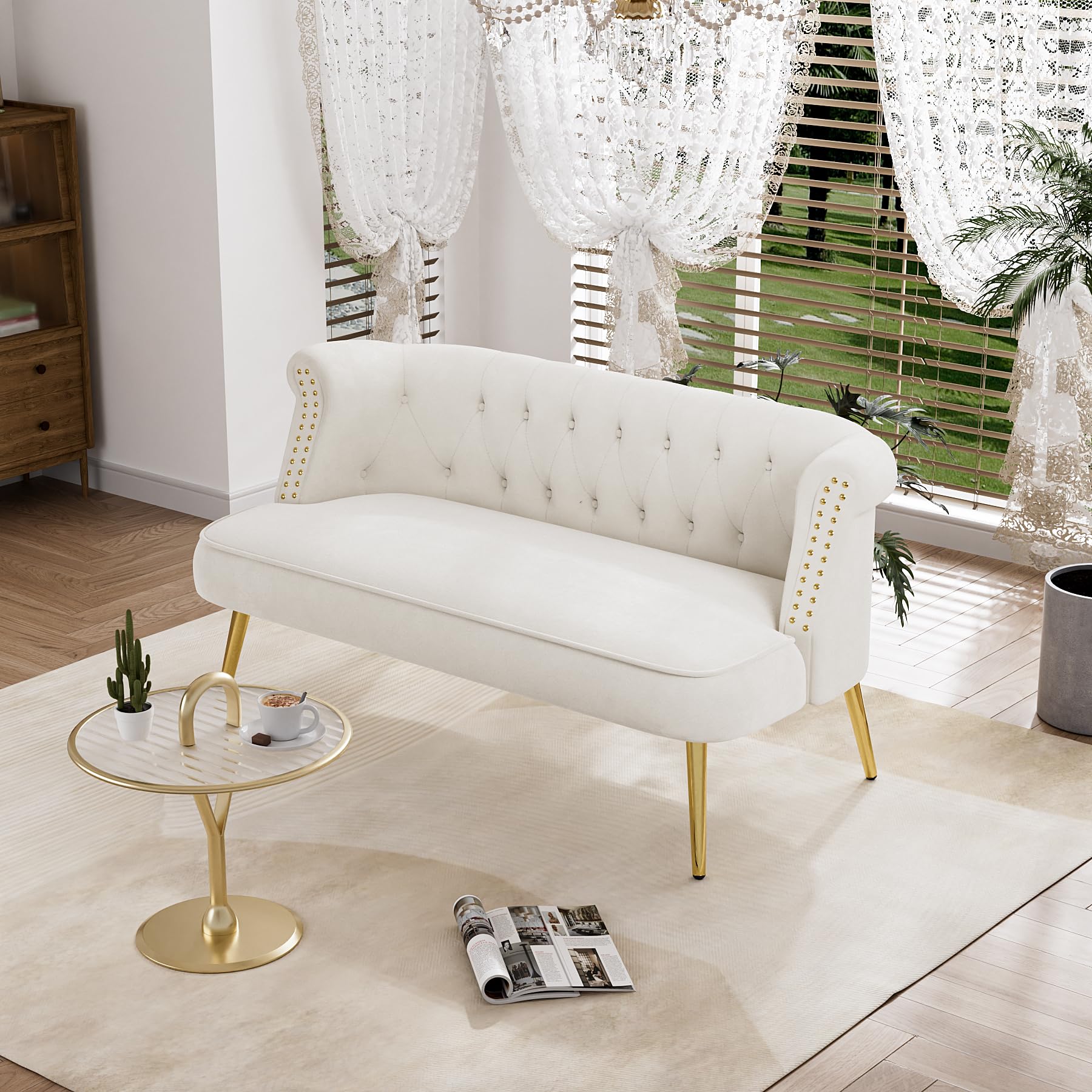 Nolohoo Loveseat Chesterfield Sofa with Gold Legs, Velvet Tufted Vintage Victorian Sofa 2 Seater Curved Mini Couch Rolled Arms, Comfy Love seat for Living Room, Bedroom, Cream White