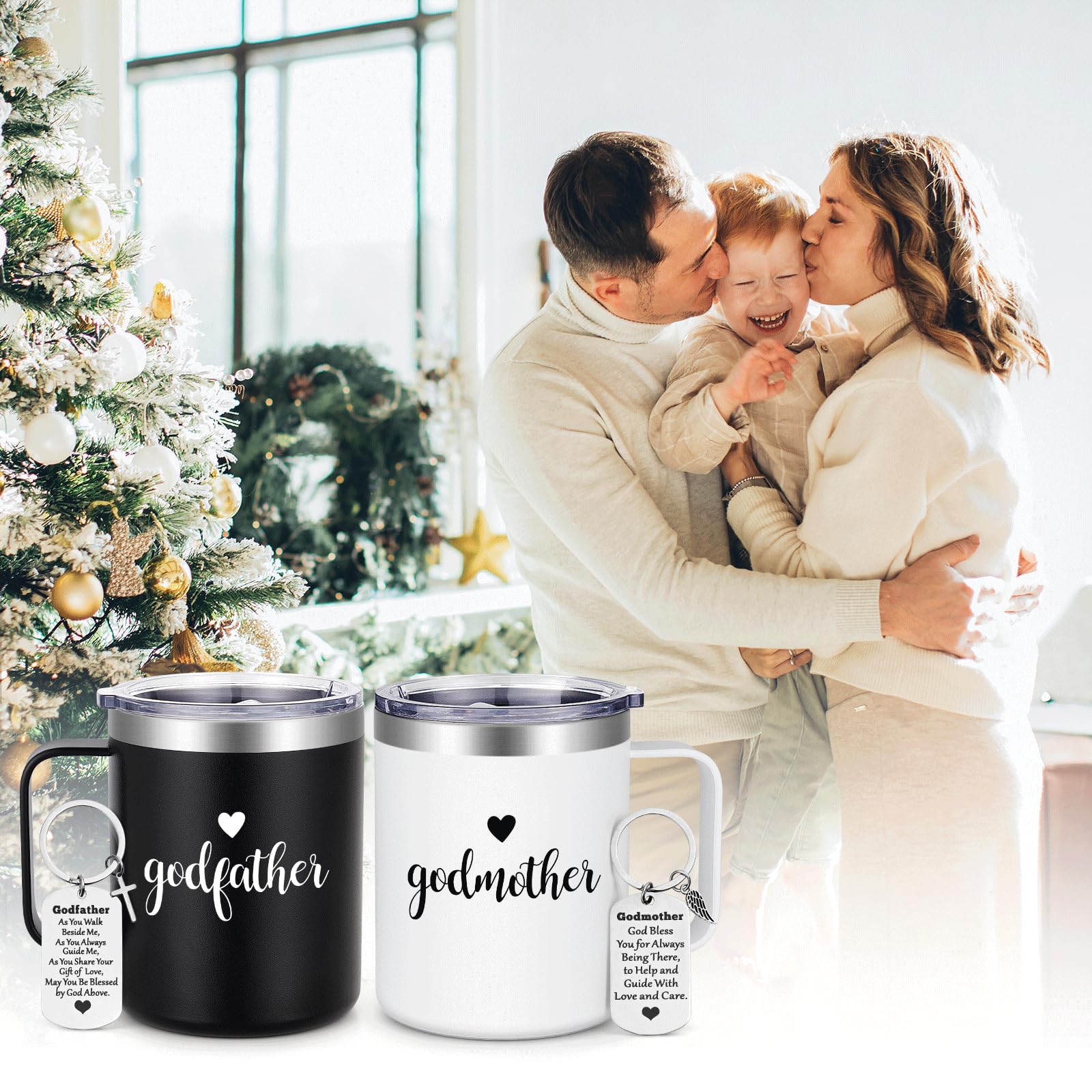 LiqCool Godparents Proposal Gift, Godmother & Godfather Mug Set with Keychain, Godparents Gift for Godmother Godfather, Will You be My Godparents Proposal, Christmas Baptism 12 Oz Black & White