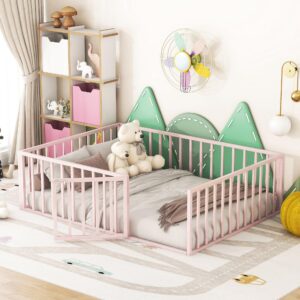 merax full size metal floor bed frame with safety guardrails fence and door for boys,girls,teens,pink