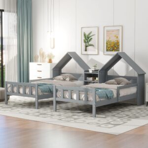 softsea double twin bed frame for kids, twin and twin bed frame with house-shaped headboard and built-in nightstand, 2 beds in 1 for juniors kids