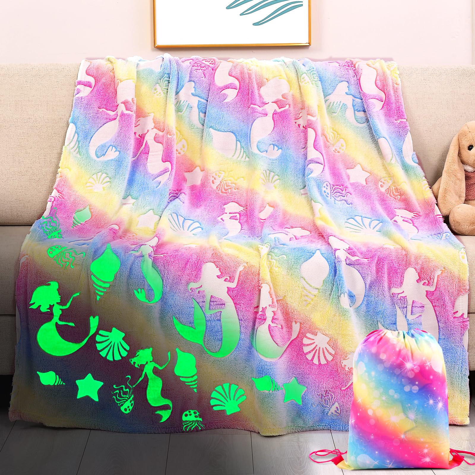 Suyfhdc Glow in The Dark Blanket for Girls, Mermaid Blanket for Girls 4 5 6 7 8 9,Mermaid Toys for Girls,Soft Warm Furry Kids Throw Blanket,Birthday, Christmas, 50x60 Inches