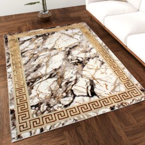 united rugs 5x7 beige modern marble abstract area rug | medium pile, non-slip and durable | golden borders with leather backing | best dining room, bedroom, kitchen and living room rug