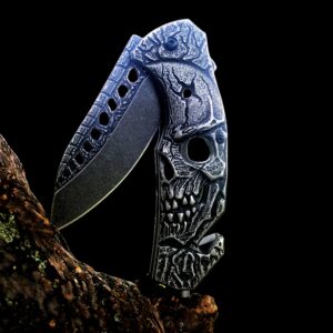 madsmaug pocket knife, cool skull pocket folding knife with seatbelt cutter & window breaker, great festival christmas gift edc knife for men outdoor survival camping (stone-wash)