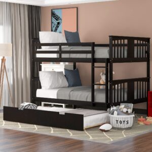 meritline bunk bed full over full size, wooden full bunk beds with twin size trundle and ladder, space saving design bedroom furniture (espresso)