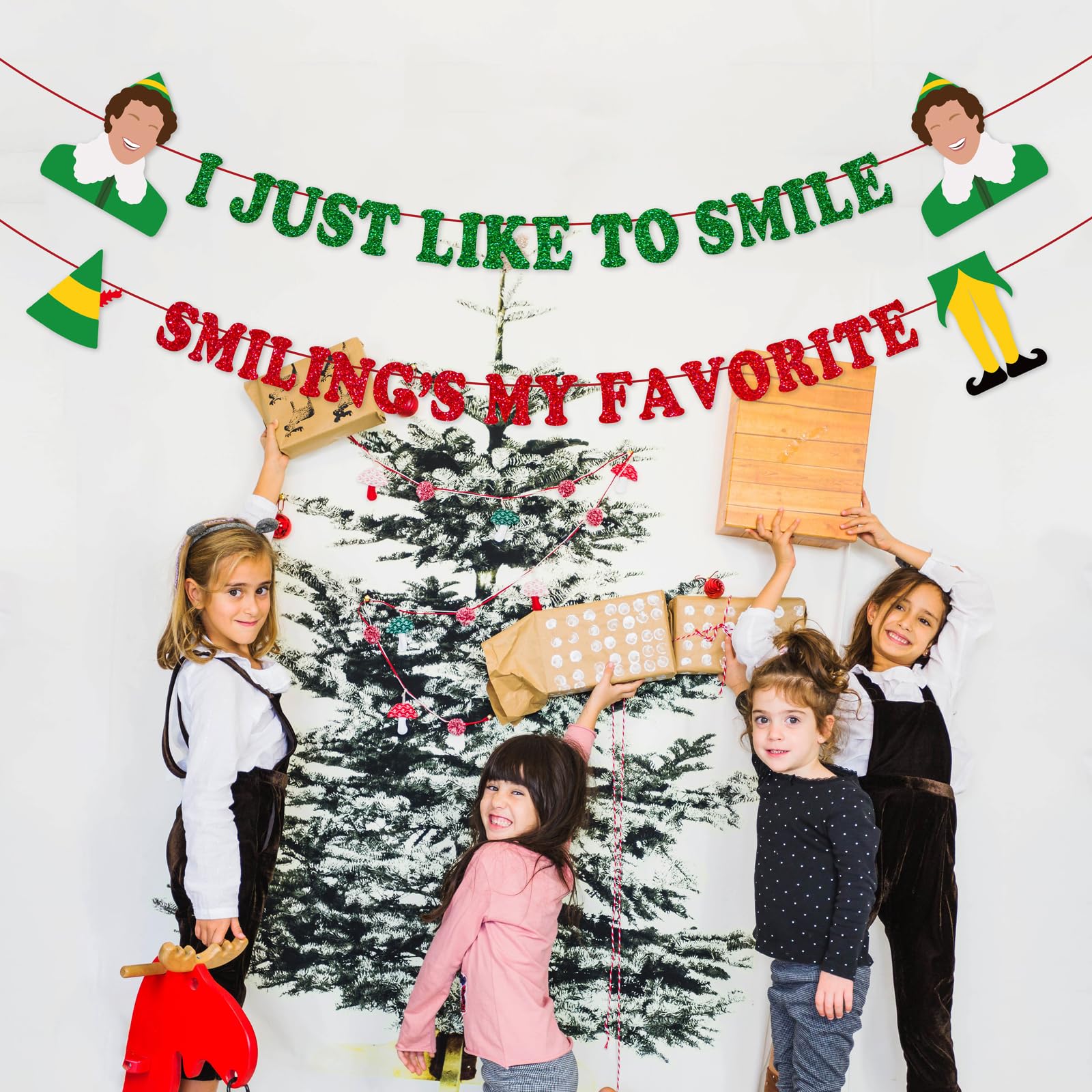 Funny Elf Christmas Decorations, Novelty Buddy The Elf Party Banner Decor Supplies, Holiday Hanging Sign for Fireplace Mantle Wall Decor, Christmas Party Photo Booth Backdrop - I Just Like to Smile