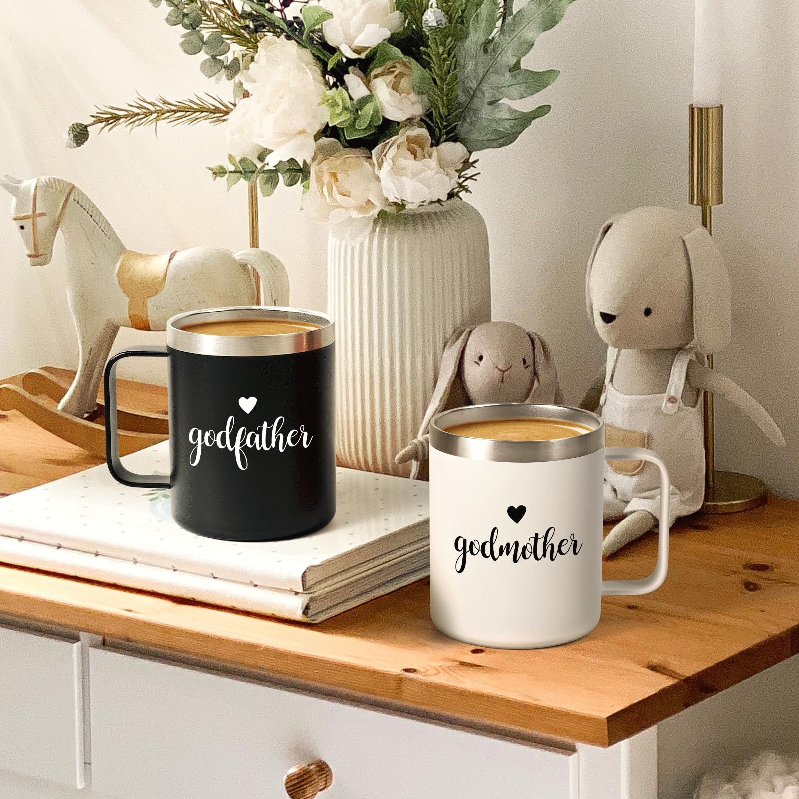 LiqCool Godparents Proposal Gift, Godmother & Godfather Mug Set with Keychain, Godparents Gift for Godmother Godfather, Will You be My Godparents Proposal, Christmas Baptism 12 Oz Black & White