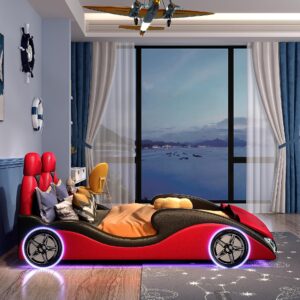 avanez Bed, Sports car Design, Artificial Leather Material, Soft Bed Frame, with Storage Box, can be Separately Equipped with Queen Standard Mattress (red)