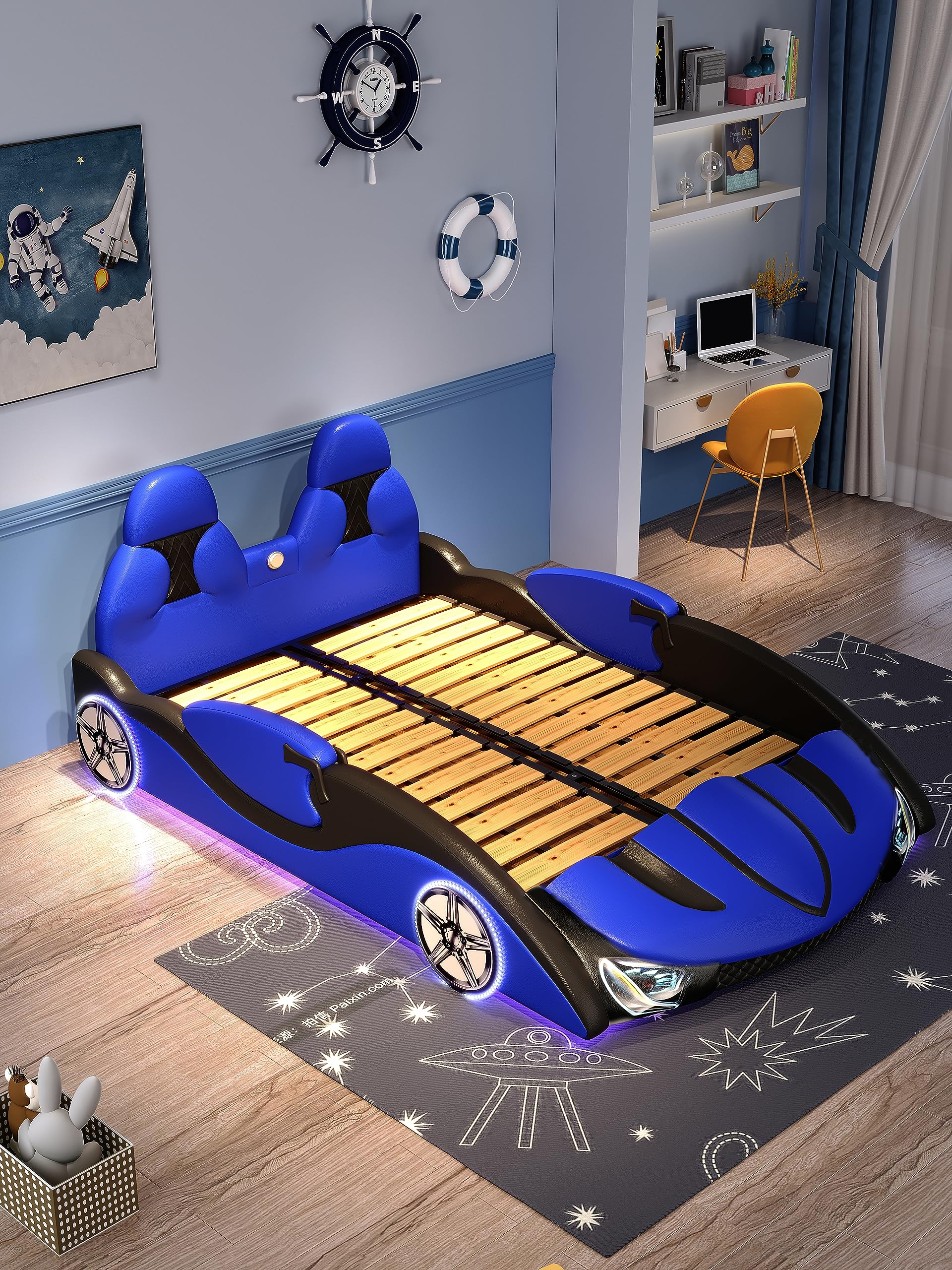 avanez Bed, Sports car Design, Artificial Leather Material, Soft Bed Frame, with Storage Box, can be Separately Equipped with Queen Standard Mattress (red)