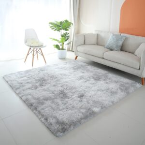 houseran shag area rug 6’x6' tie dyed grey, plush fluffy fur rug for living room, square carpet for bedroom, soft shaggy rug for living room dorm nursery