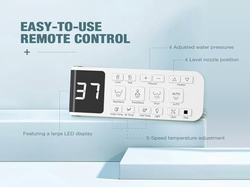 MEJE #001U-Electronic Bidet Seat for Elongated Toilets with Remote Control, Temperature Display Heated Toilet Seat,Auto Open and Close,Warm Air Dryer and Temp Controlled Wash Functions (White)