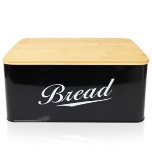 royalhouse modern metal bread box with bamboo cutting board lid, bread storage container for kitchen counter, vintage kitchen decor organizer - black