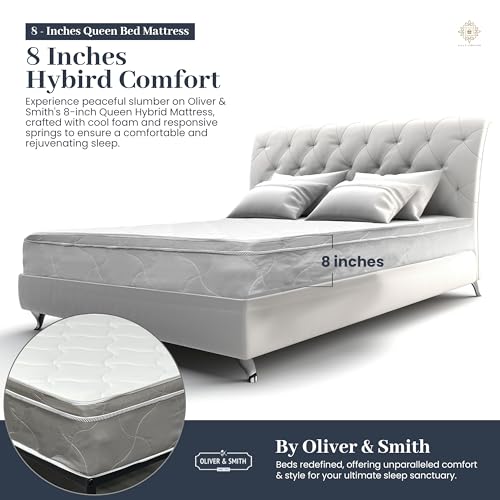 Oliver & Smith Queen Bed Mattress 8 Inch Hybrid Mattress Queen Size with High Density & Comfort Cold Foam with Continuous Coil Bonnell Springs Eco-Friendly, Breathable Medium Firm Queen Mattress