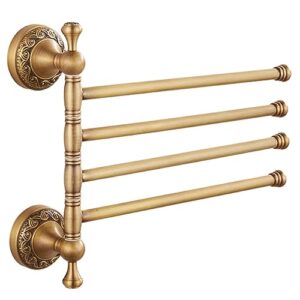 swivel towel rack for bathroom, antique bronze folding 4 arms hand towel bars towel hanger for laundry, wall mount storage space saving,pattern carving design