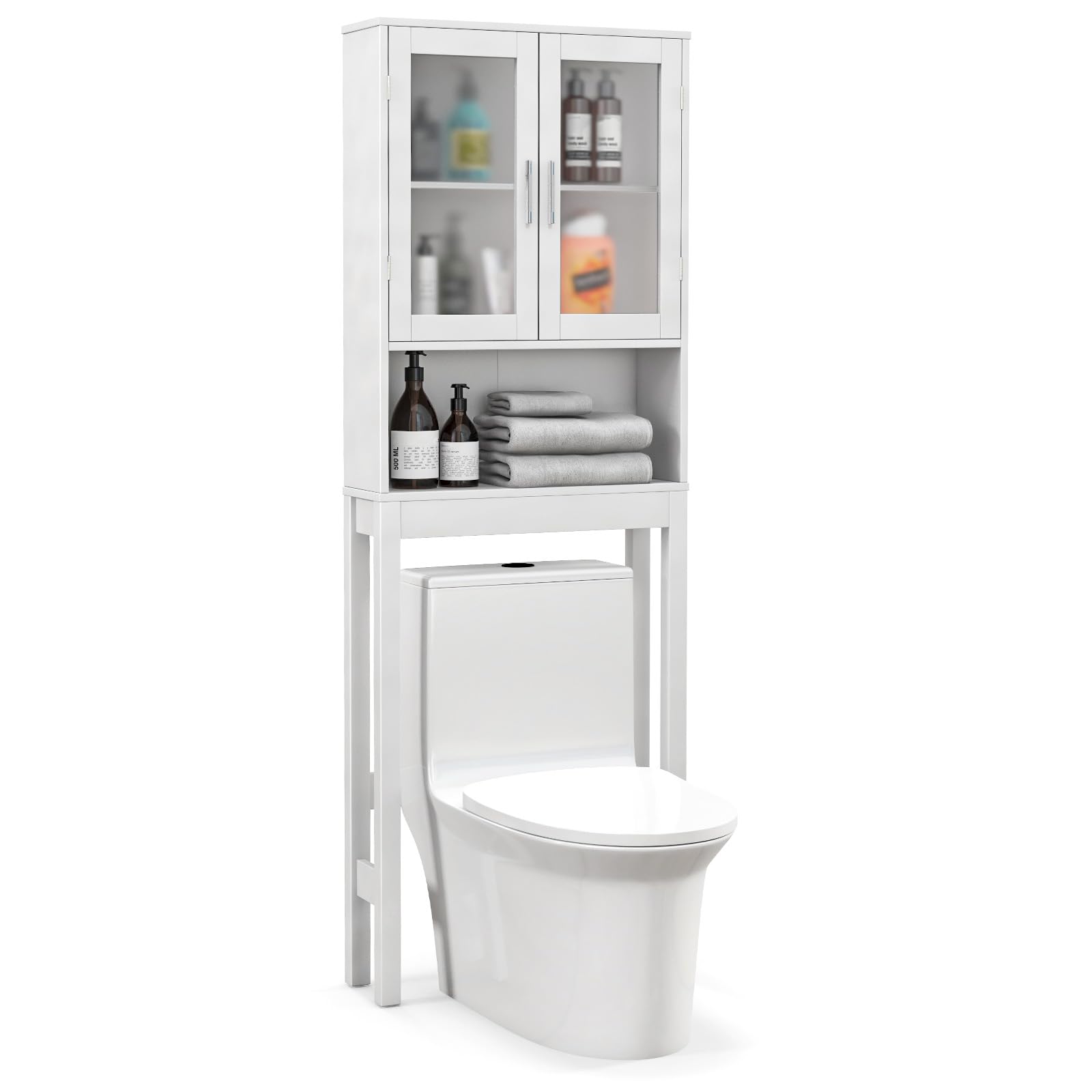 Safeplus Over The Toilet Cabinet, Bathroom Storage Organizer with Double Tempered Glass Doors and Adjustable Shelf, Freestanding Toilet Rack for Bathroom Storage, White