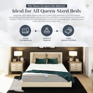 Oliver & Smith Queen Bed Mattress 8 Inch Hybrid Mattress Queen Size with High Density & Comfort Cold Foam with Continuous Coil Bonnell Springs Eco-Friendly, Breathable Medium Firm Queen Mattress