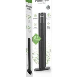 HOLMES 31" Manual Tower Fan, 70° Oscillation, 3 Speeds, 2-Hour Auto Shut-Off Timer, Adjustable Vents, Compact and Slim Profile, Carry Handle, Ideal for Cooling your Home, Bedroom or Office, Black