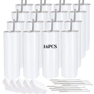 youke ola 16 pack sublimation tumblers straight skinny tumbler blanks bulk 20oz for heat transfer, individual gift boxed, double wall insulated tumbler with shrink wrap & straws