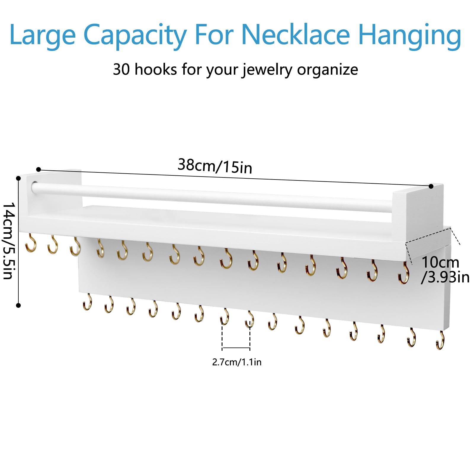 OURISE Necklace Holder Wall Hanging Jewelry Organizer with 30 Hooks & Cosmetics Shelf,Wall Jewelry Organizer for Necklaces Bracelet Earrings Ring