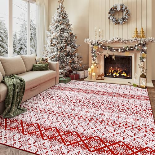 WondRg Christmas Area Rug 5x7 Red Snowflake Holiday Decorative Living Room Bedroom Throw Rug Washable Non Slip Soft Low Pile Carpet for Kitchen Entryway Dining Room Bathroom Home Decor