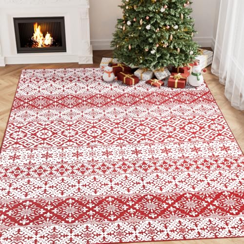 WondRg Christmas Area Rug 5x7 Red Snowflake Holiday Decorative Living Room Bedroom Throw Rug Washable Non Slip Soft Low Pile Carpet for Kitchen Entryway Dining Room Bathroom Home Decor