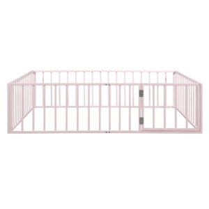 Harper & Bright Designs Queen Metal Floor Bed Frame with Rails, Queen Montessori Floor Bed with Fence and Door, for Kids Girls Boys (Queen Size, Pink)