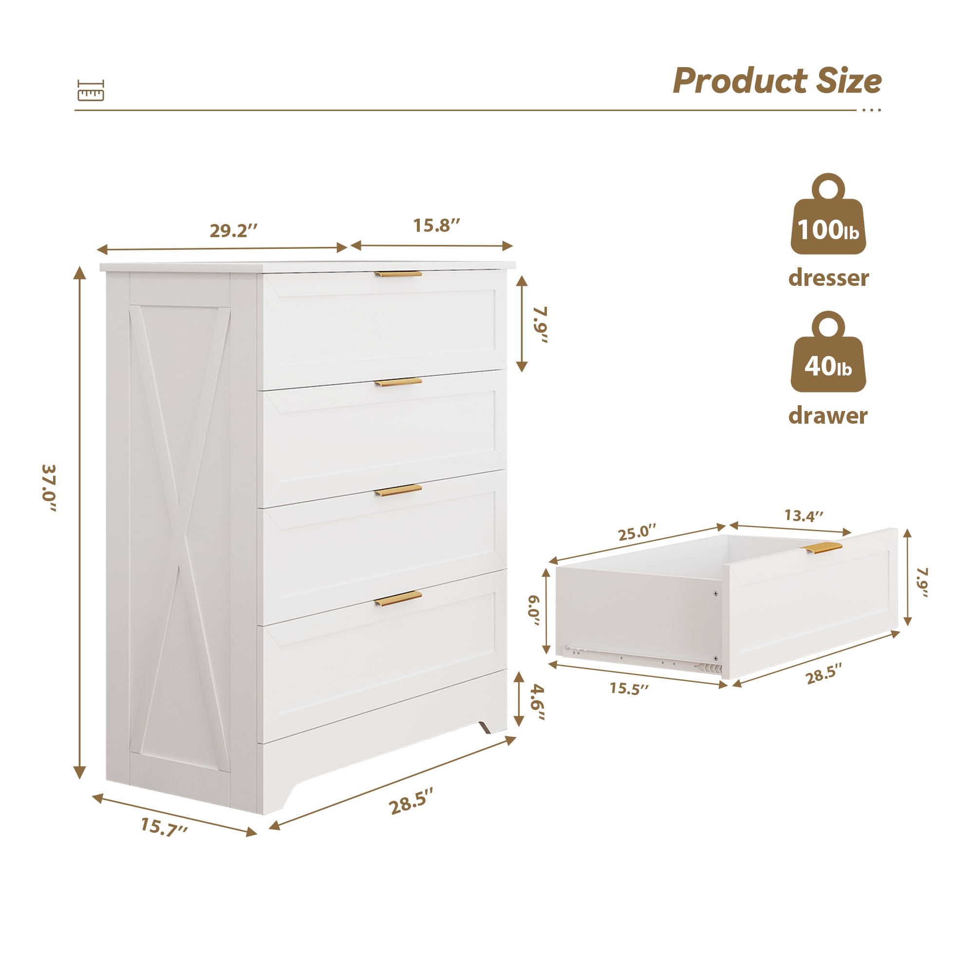 White 4 Drawer Dresser for Bedroom, Tall Bedroom Dresser with Large Drawer & Golden Handles, Wooden Storage Organizer Cabinet Chest of Drawer for Closet, Living Room, Hallway, Children's Room