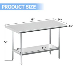 JOPHUN Stainless Steel Work Table, NSF Commercial Worktable with Undershelf and Legs for Restaurant, Home and Hotel - 24" D x 48" W x 34" H Inches