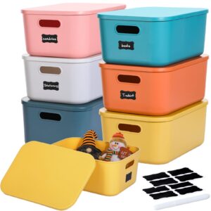 thyle 6 pcs 14 in colorful plastic storage bins 6 colors stackable large capacity plastic desktop storage box with handles lids, labels and marker for office classroom cabinet (14 x 10 x 6 inch)