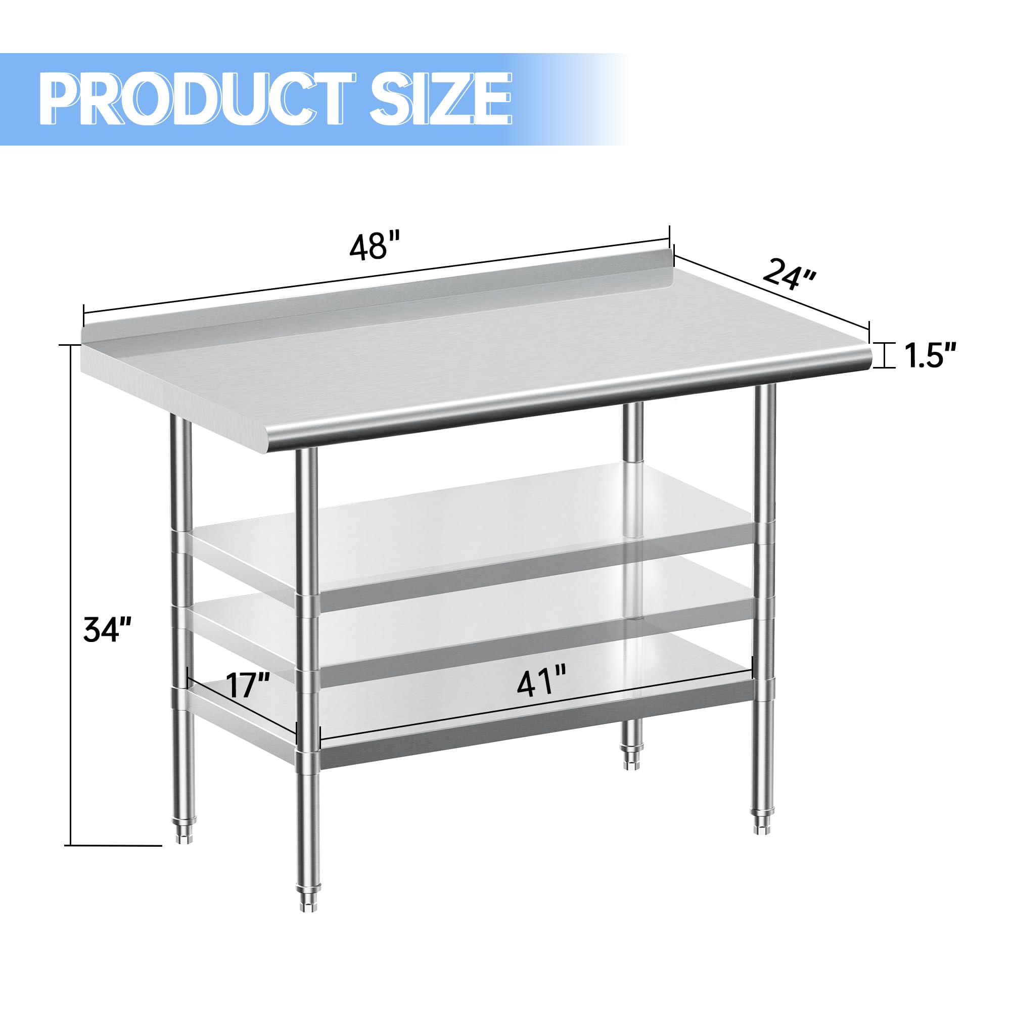 JOPHUN Stainless Steel Work Table with Backsplash, Commercial Table for Prep & Work Table for Restaurant and Home - 24" D x 48" W x 34" H Inches