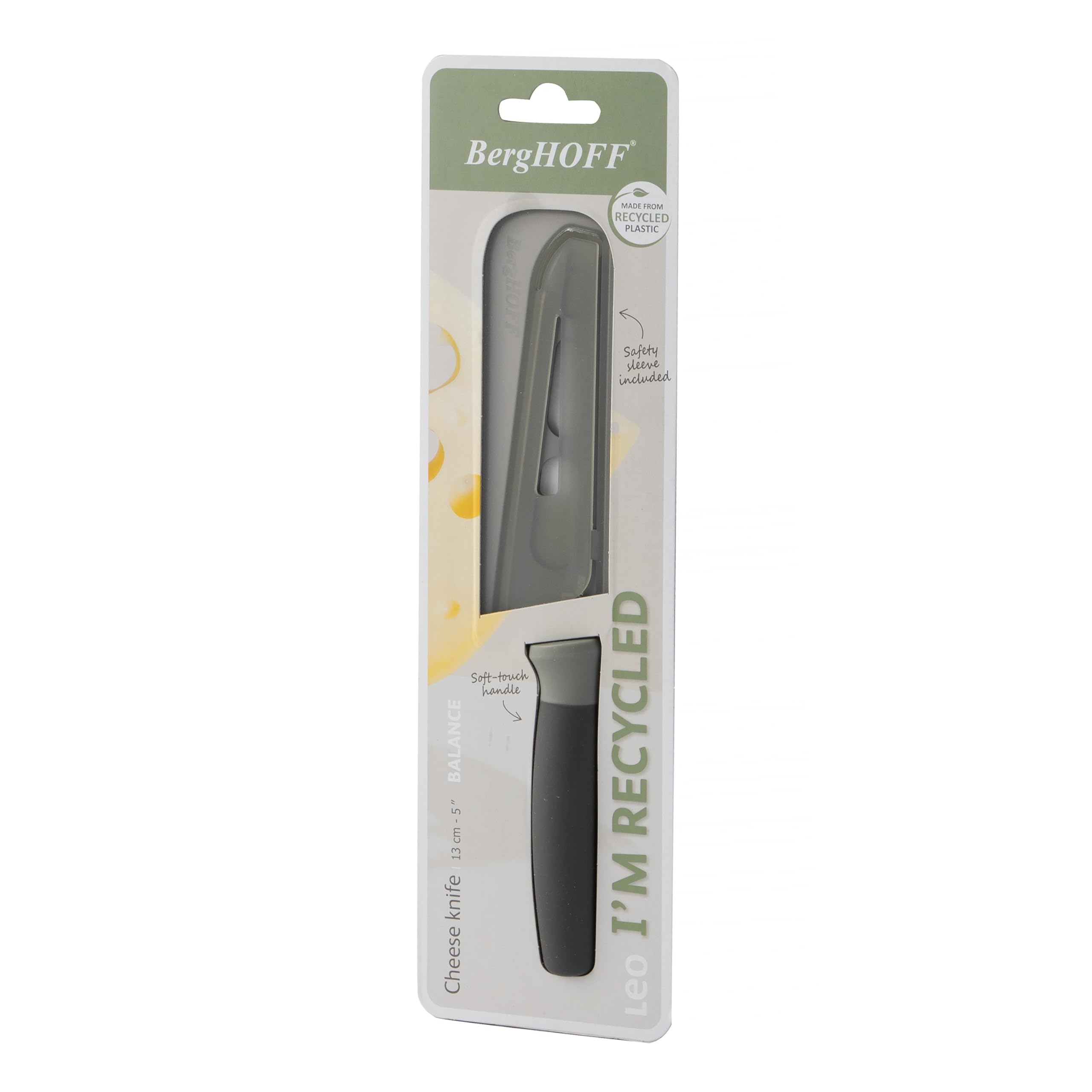 Berghoff Balance Nonstick Cheese Knife 5", Recycled Material, Stainless Steel Sharp Blade, Ergonomic Handle, Serving Tip, Protective Sleeve Included