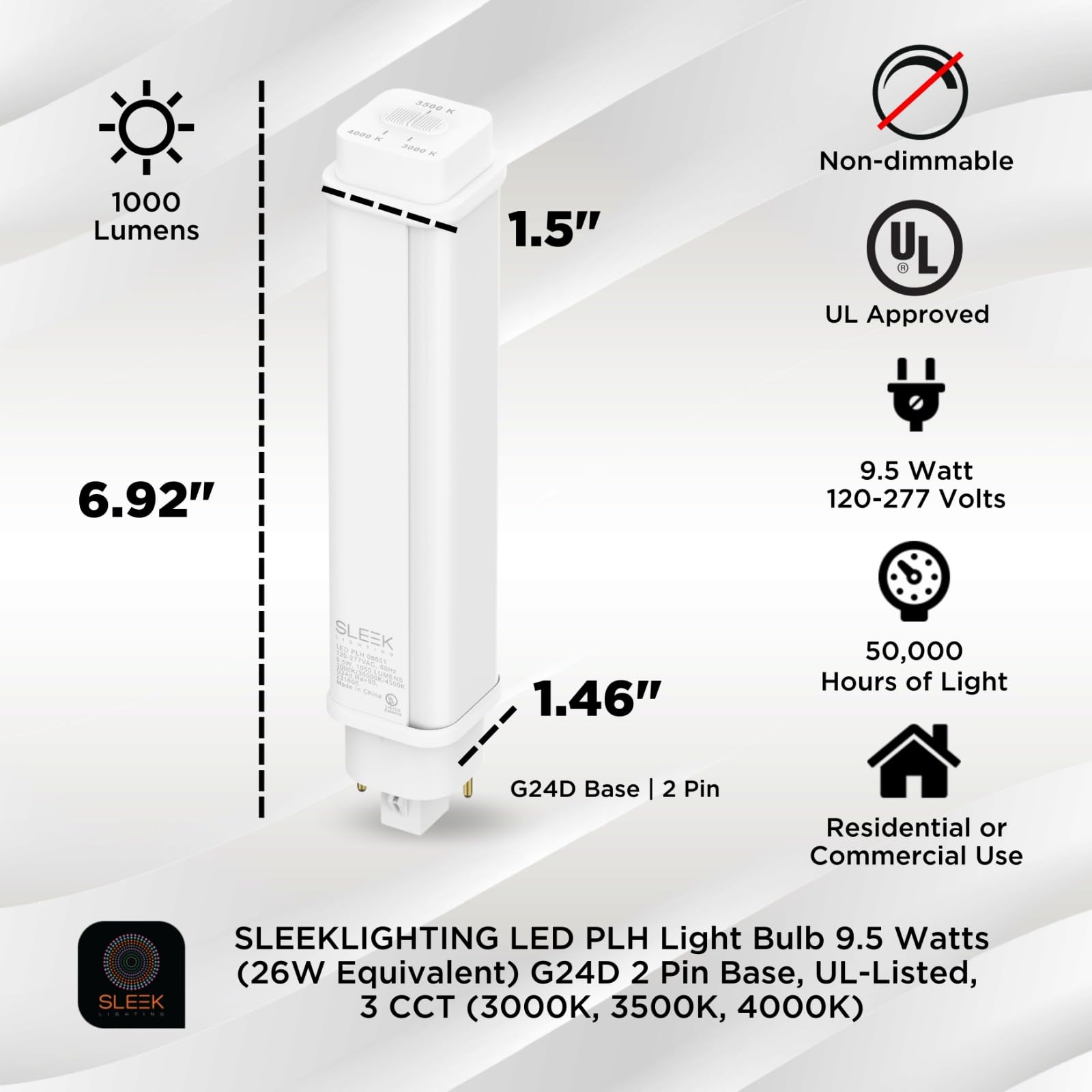 SLEEKLIGHTING | "9.5W LED PL Horizontal Bulb - Replaces 2 & 4 Pin, 26W Eq, 3-CCT (3000K/3500K/4000K), UL-Listed, 1000 Lumens, G24D/G24Q/GX24Q Base, 2-Pack, Ballast Bypass