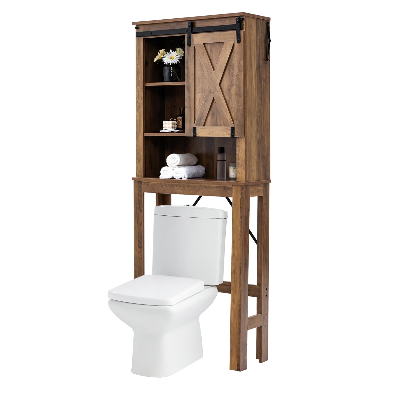 LOKO 4-Tier Over The Toilet Storage Cabinet, Bathroom Toilet Rack with 3-Position Adjustable Shelves, Freestanding Above Toilet Organizer with Anti-Toppling Devices & Non-Slip Foot Pads, Brown