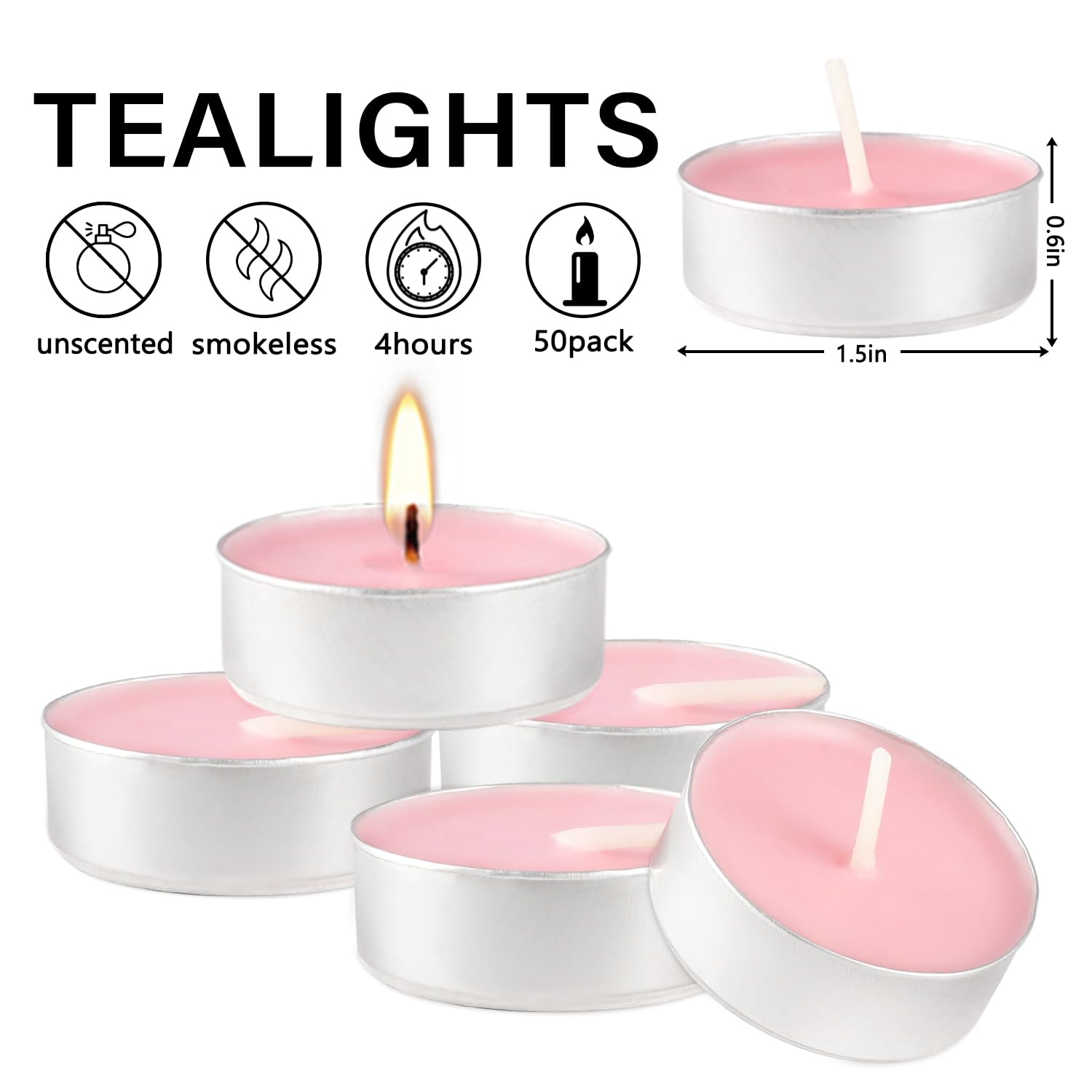 50 Pack Tealight Candles, Tea Lights Candles Set 4 Hour Pink Unscented Mini Votive Candles for Valentine's Day Anniversary Wedding Receptions