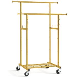 gewudraw double rod garment rack, heavy duty rolling gold clothes rack with wheels for hanging clothes,portable metal clothing rack with shelves, 64.2inch chrome