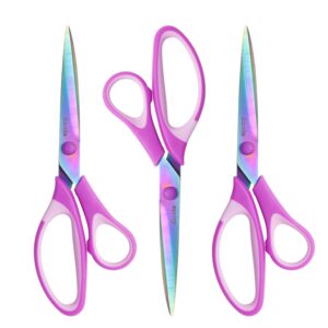 8.5" scissors all purpose, multipurpose office scissors set of 3 pack, sharp titanium coating blade and soft comfort-grip sturdy scissors for fabric school craft sewing home, right/left handed, purple