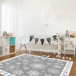 Grey Snowflake Christmas Area Rug for Living Room, Rectangular Indoor Carpet - 2' x 3', Xmas Winter Snowflake Gray Non-Skid Bathroom Mat Kitchen Runner Rugs for Bedroom