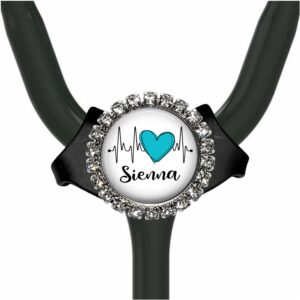 ekg heart stethoscope name tag personalized (10 colors) adjustable yoke id label - you customize fonts, design size and add decorative frame